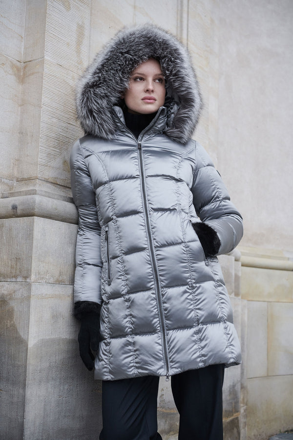 Frandsen Down-Filled Silver Quilted Coat with Fur Hood - Kenmare Cashmere